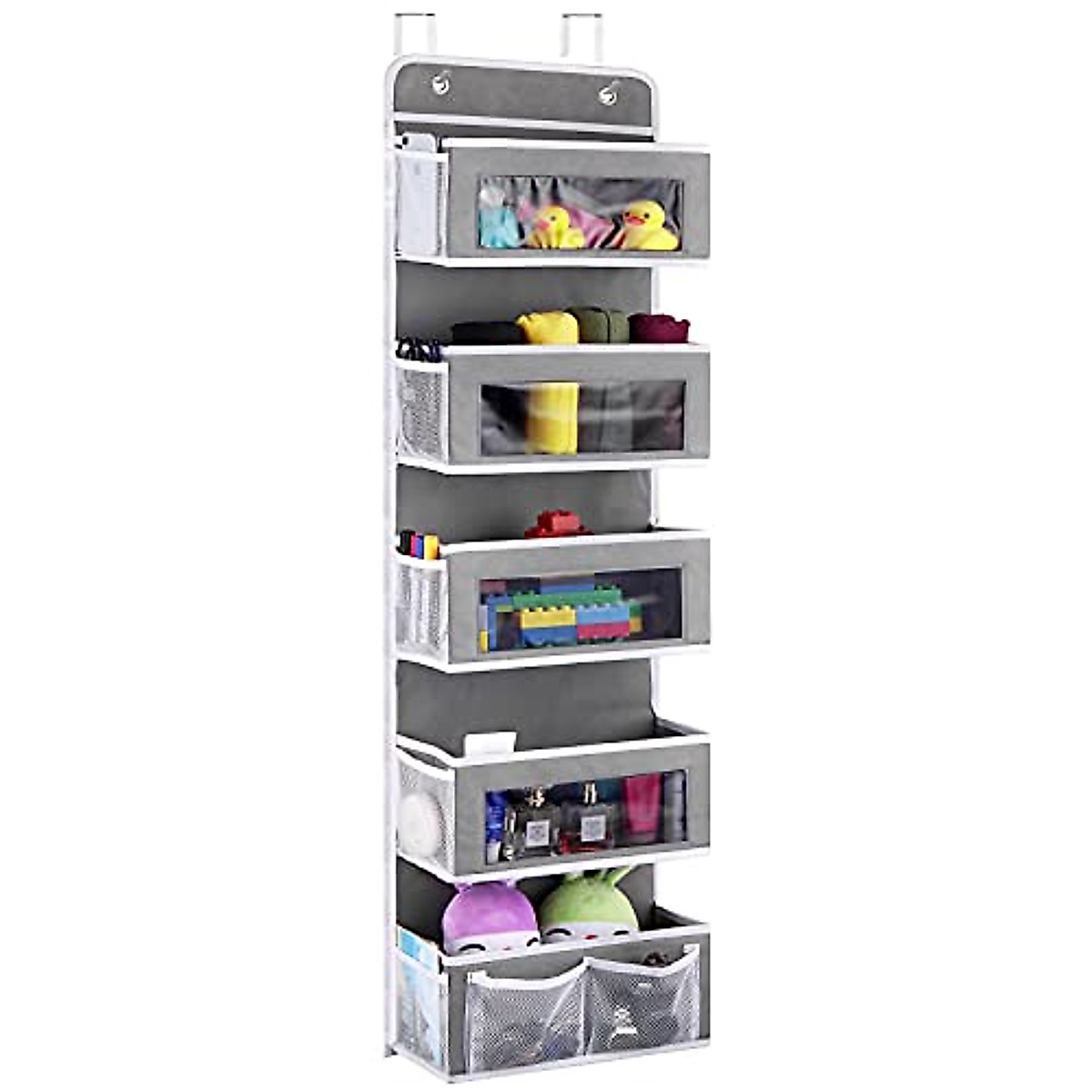 Over the Door Hanging Organizer Clear with 5 Large Clear Window Nursery Closet Cabinet Baby Wall Mount Door Organizer Storage for Bedroom, Bathroom, Kitchen, Closet and Dorm with 17 Large Pockets Gray