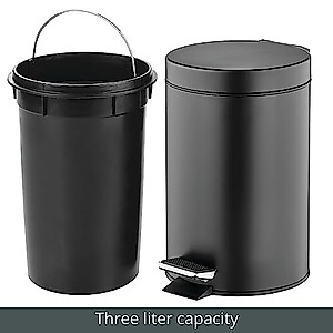 mDesign Small Modern 3-Liter / .7 Gallon Round Metal Lidded Step Trash Can, Compact Garbage Bin with Removable Liner Bucket and Handle for Bathroom, Kitchen, Craft Room, Office, Garage - Black