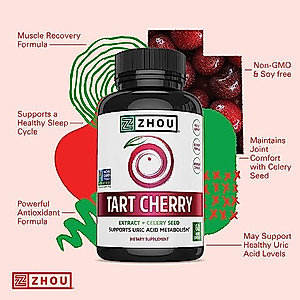 Zhou Tart Cherry Extract with Celery Seed | Advanced Uric Acid Cleanse for Joint Comfort, Healthy Sleep Cycles & Muscle Recovery | 30 Servings, 60 Veggie Caps