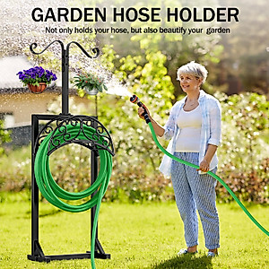 Jvgoo Garden Hose Holder for Outside - Upgraded Water Hose Holders with 5 Spikes & 2 Shepherds Hooks, Freestanding Garden Hose Stand Heavy Duty Hose Hanger Hose Storage Hose Reel Rack for Yard Lawn