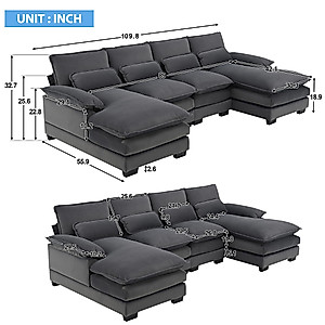 GNIXUU 109.8“ Sectional Sofa Cloud Couch for Living Room, Modern Velvet Large Overstuffed U Shaped Couch, Comfy Modular Sofa Sleeper with Double Chaise & Cushions(Gray)