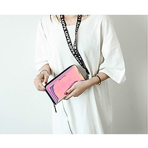 Marchome Holographic Clutch Wallet Iridescent Cellphone Handbag with Removable Lanyard (Blue, One Neck Lanyard)