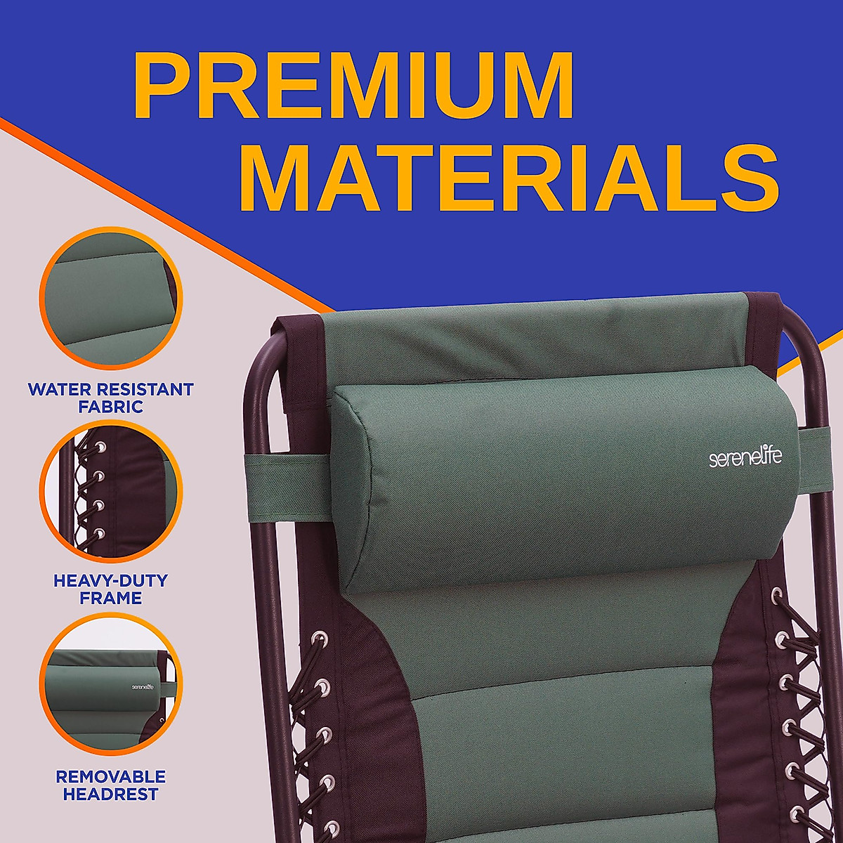 SereneLife SL1ZGRCP36.5 Outdoor Foldable Padded Zero Gravity Lawn Chair-Adjustable Recliners with Plastic Cup Holder Side Table and Pillow (Green and Black)