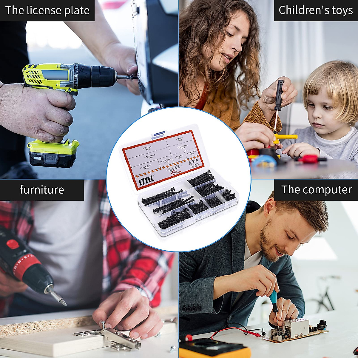 LTYLL ITYII 140 PCS #7 Quality Carbon Steel Philips self-Tapping Screws with coarse-Pitch Thread and countersunk Head, a Set of 8 Different Wood Screws, Suitable for Dry Wall