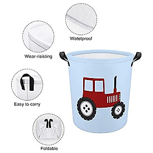 Red Tractor Foldable Laundry Basket Waterproof Hamper Storage Bin Bag with Handle 16.5"x 16.5"x 17"