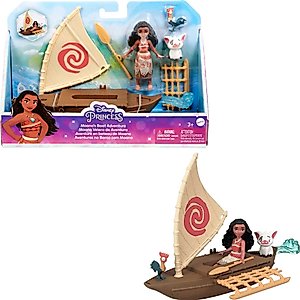 Mattel Disney Princess Moana Small Doll & Boat Playset with Floating Boat Vehicle & 2 Character Friends, from Disney Movie