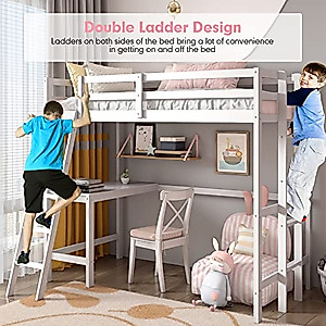 KOMFOTT Twin Loft Bed with Desk, Solid Wood Loft Bed Frame with 2 Ladders, Safety Guardrail for Teenagers and Adults, Space-Saving Loft Bed with Wooden Slats Support, No Box Spring Needed (White)