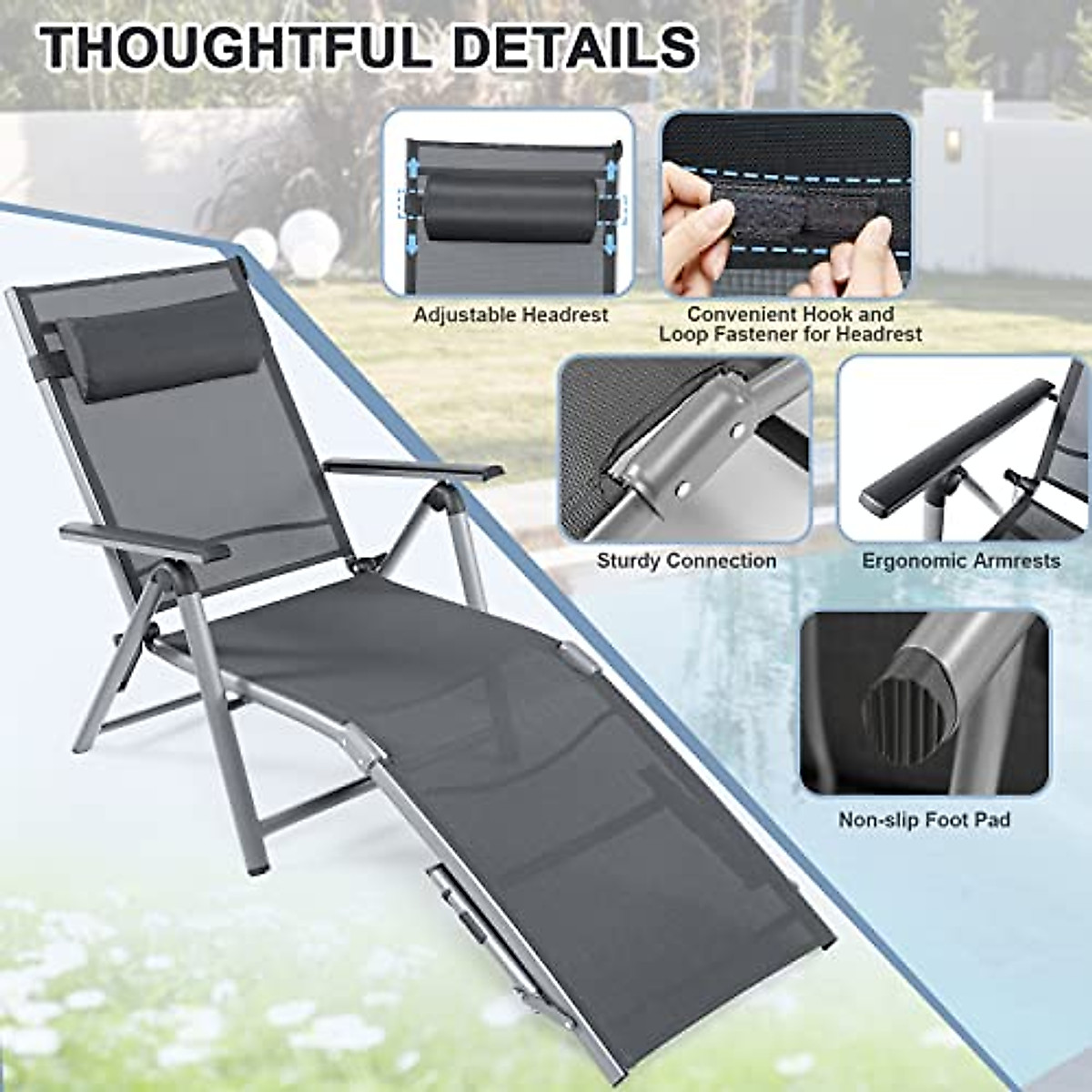 HAPPYGRILL Patio Lounge Chair Aluminum Chaise Lounge Chair with 8-Position Adjustable Backrest, 2-postion Footrest, Comfortable Headrest, Outdoor Folding Reclining Chair for Patio Poolside Backyard