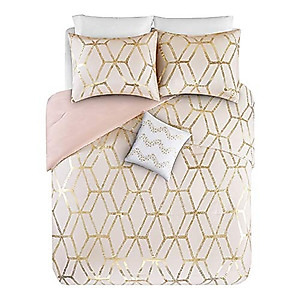 Comfort Spaces Vivian Comforter Set Ultra Soft All Season Lightweight Modern Geometric Glam Metallic Print Bedding, Matching Sham, Decorative Pillow, Full/Queen, Geometric Blush/Gold