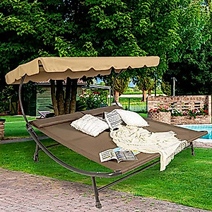 Sunnyglade 6.6'L x 6.5'W Patio Double Chaise Lounge Bed with Canopy,Headrest Pillow and Wheels,Portable Outdoor Hammock Bed for Backyard,Lawn,Garden,Courtyard,Brown