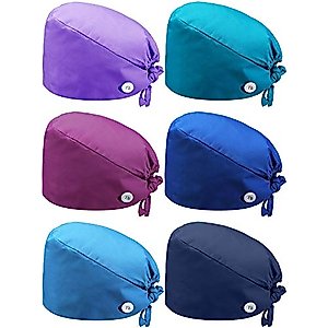 6 Pieces Gourd-Shaped Working Caps with Buttons Adjustable Bouffant Hats Multicolor Tie Back Caps RA0367 6 Pieces Gourd-Shaped Working Caps with Buttons Adjustable Bouffant Hats Multicolor Tie Back Caps (Lake Blue, Navy Blue, Blue, Pink, Light Purple, D