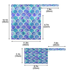AUUXVA Wet Dry Bags Set Blue Purple Mermaid Scale,Cloth Diaper Wet Bag Waterproof Reusable with Two Zippered Pockets for Travel Beach Pool Swimsuits Wet Clothes,2pcs