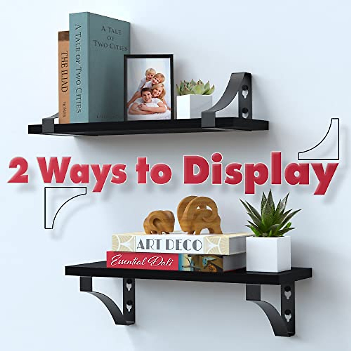 Icona Bay 24 Inch Wall Shelves, Set of 3 Black Modern Rustic Display Shelves, Wall Mount Picture Ledges w/Brackets