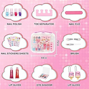 Makeup Kit for Girls, 17 Pcs Real Washable Pretend Play Cosmetic Set Toys with Lip Gloss Nail Polish Nail Stickers, Birthday Gifts for 3 4 5 6 7 8 9 10 Years Old Girls