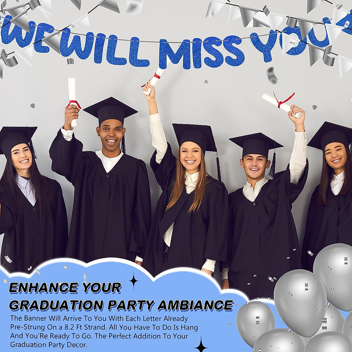 Fulmoon Pre Strung We Will Miss You Banner Glitter Bunting Graduation Retirement Party Decorations 8.2 ft Goodbye Decorations for Going Away Farewell Army Decorations Party Supplie(Navy Blue)