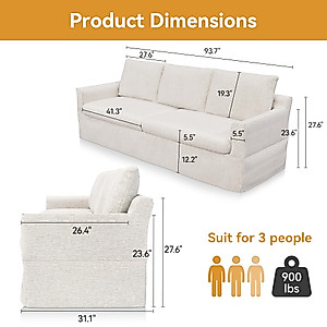 AMICLIBER Modern 3-Seater Sofa,93" Slipcovered Sofa Soft Chenille Fabric Couch with Deep Seat Removable Cover for Living Room,Apartment,Bedroom,Office,Creamy White