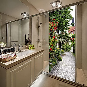 A.Monamour 3D Door Stickers for Interior Doors Blooming Flowers in Garden Patio Narrow Alley Botanical Theme Vinyl Waterproof Self Adhesive Door Mural Decals for Bedroom Office Bathroom 85 x 200 cm