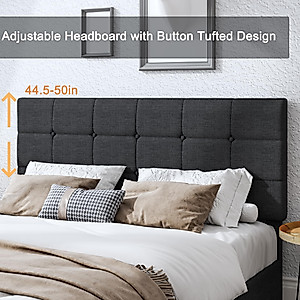 Modern Upholstered Bed Frame with 4 Storage Drawers, Platform Bed with Adjustable Button Tufted Headboard, Solid Wooden Slat Support, Easy Assembly, Full Size, Black