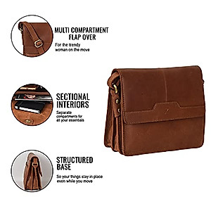 Zinda Genuine Leathers Women’s Handbag Flapover Crossbody Shoulder Sling Multipocket (Tan)