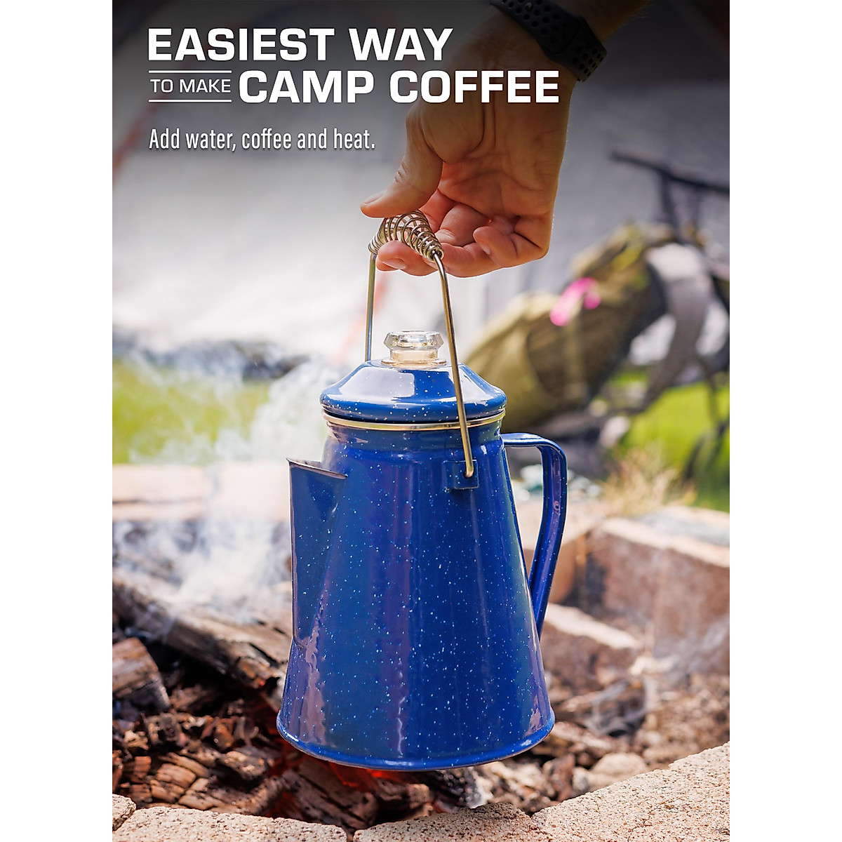 COLETTI Classic Camping Coffee Pot & Enamel Mug Set — Percolator Coffee Pot, Enamel Coffee Mug – Complete Nostalgic Bundle – German Imported Enamel Powder [12 oz, Set of 4] (Blue)