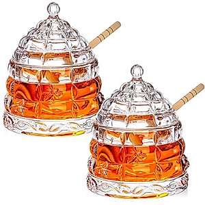 Hacaroa 2 Pack 10 Oz Glass Honey Pot with Lid and Wooden Dipper, Clear Honey Jar Beehive Honey Dish Dispenser Container for Jam Jelly, Home Kitchen, Wedding Gifts, Candlesticks, Barware