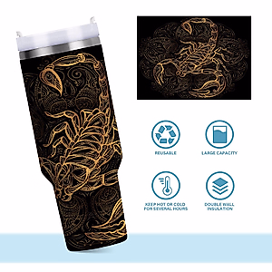 susiyo 40 oz Tumbler with Handle, Gold Scorpion Blackground Insulated Water Bottle Stainless Steel Reusable Iced Coffee Cup Fit in Car Holder, BPA Free, Leak Proof,Keeps Cold or Hot