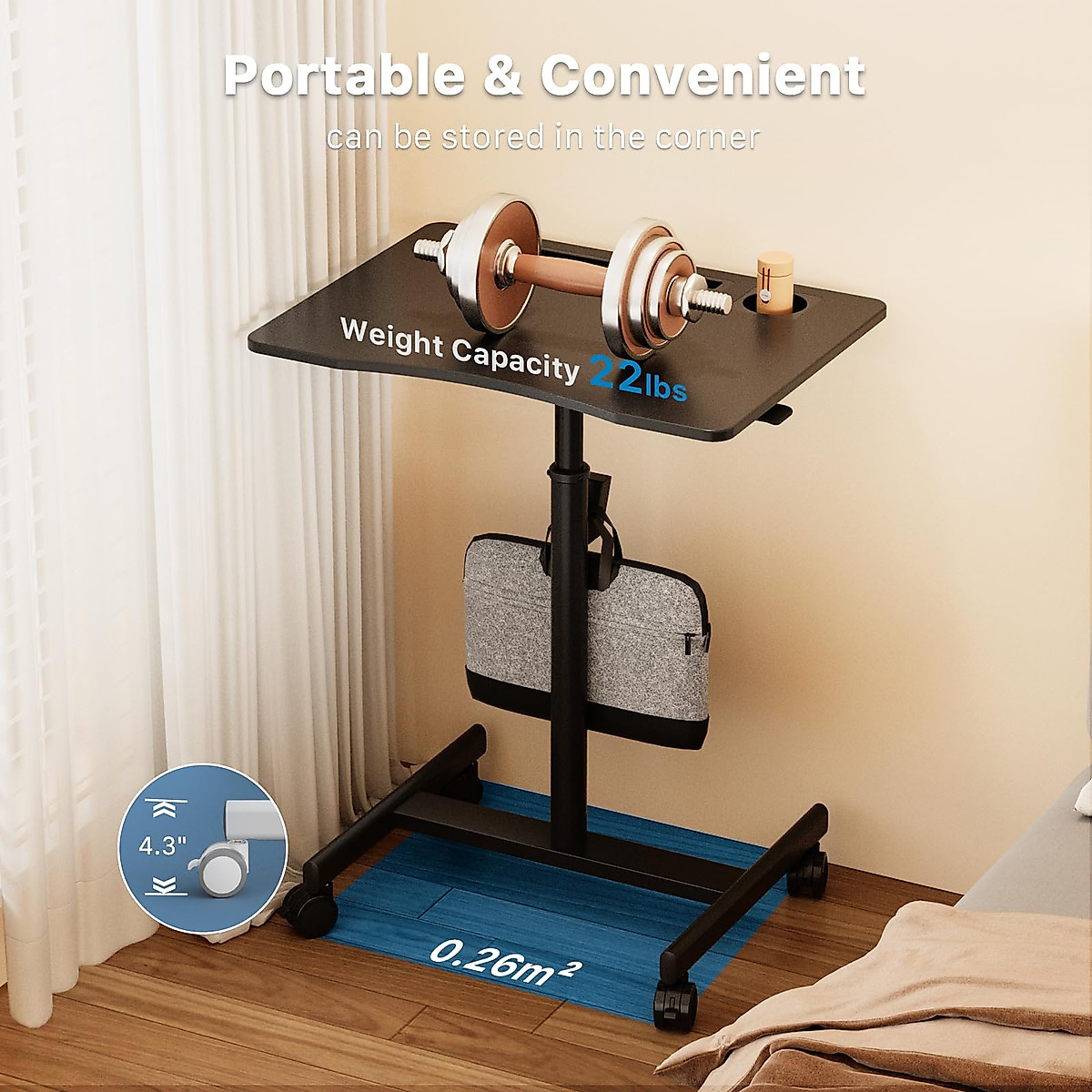 JYLH JOYSEEKER Mobile Standing Desk, 28 inch Height Adjustable Rolling Laptop Desk, Pneumatic Sit Stand Desk with Lockable Wheels, Portable Desk Workstation for Home Office, White