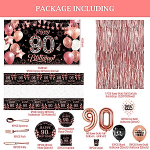 Rose Gold 90th Birthday Decorations for Women Men 150 PCS Black Rose Gold 90th Birthday Party Supplies Includes Rose Gold Happy 90th Birthday Banner Balloons Napkins Cups Tablecloth Plates Foil