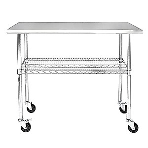 ROCKPOINT Stainless Steel Table for Prep & Work with Caster 49x24 Inches, NSF Metal Commercial Kitchen Table with Adjustable Wire Under Shelf and Table Foot for Restaurant, Home and Hotel