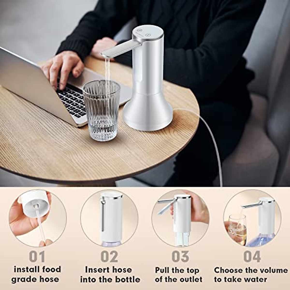 Desktop Water Jug Dispenser with Removable Base, Water Dispenser for 5 Gallon Bottle, Portable Electric Folding Countertop Water Bottle Pump with USB Charging for Camping Picnic Home Office