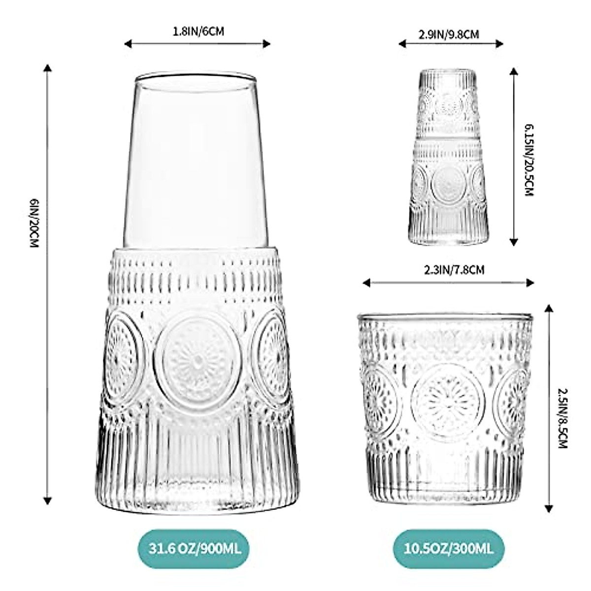 Wongblee Bedside Water Carafe and Glass Set, Vintage Borosilicate Glass Carafe with Cup, Carafe Holds 31oz, Cup Holds 10oz