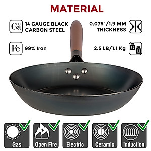 YOSUKATA Coating-Free Carbon Steel Pan - Durable 10 1/4 Inch Frying Pan - Pans for Cooking Delicious Meals - Carbon Steel Pan with Removable Heat-Resistant Wooden Handle - Fry Pan