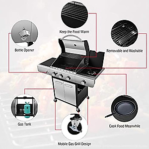 Kismile Gas Grill, 3-Burner Griddle with Extra Side Burner, Max. 34,000 BTU total, Built-in Thermometer, Stainless Steel Propane Grill for Camping Picnic Cookout BBQ