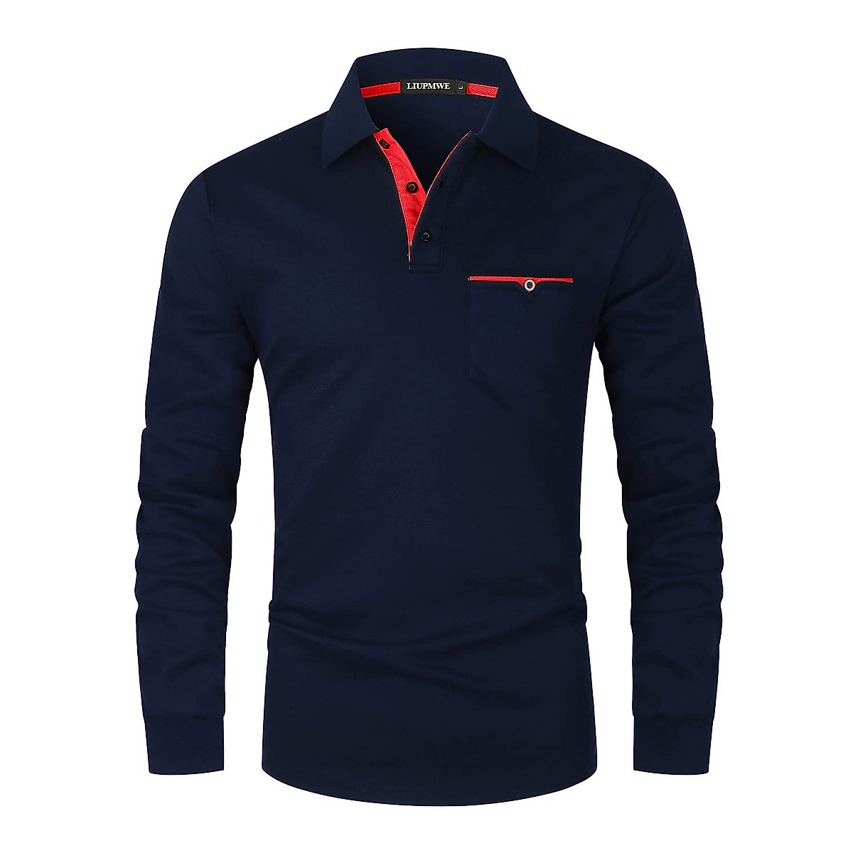 LIUPMWE Mens Long Sleeve Polo Shirts with Pocket Contrasting Colors Collar Soft Cotton Shirts Golf T-Shirt,B-Blue 02,XL