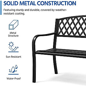 Metal Garden Park Bench,50in Powder Coated Iron Steel Frame Patio Bench wCross Design Backrest & Slatted Seat,Exquisite Grid Embellishment Patio Metal Bench for Front Porch Yard Lawn Deck,Black