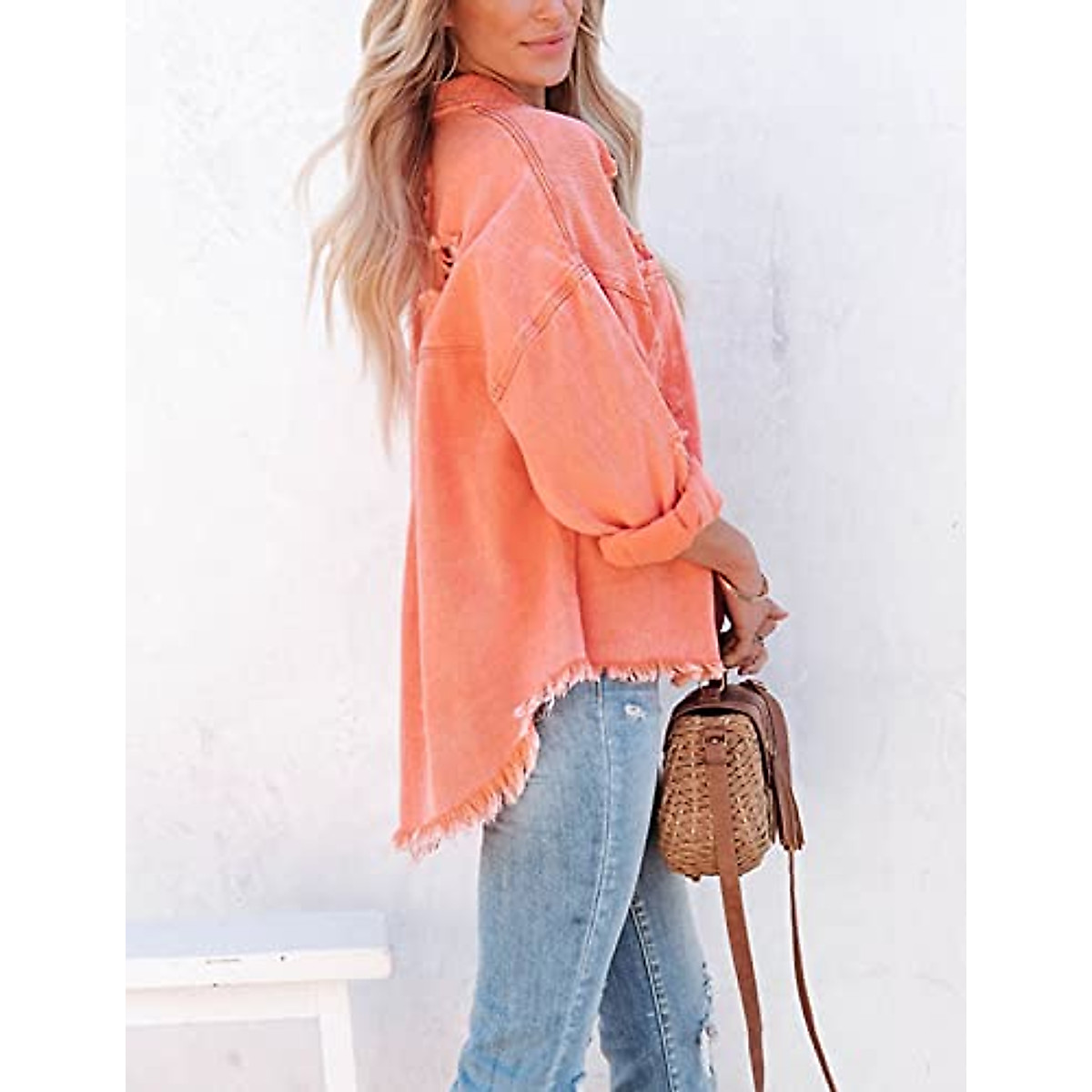 Lumister Womens Causal Oversized Button Distressed Jean Jacket Ripped Fringe Long Sleeve Denim Jacket With Pockets(0222-Orange-S)