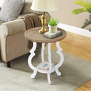 COVLON Farmhouse End Table, Wooden Round Side Table, 2 Tiers Accent Table for Family, Living Room or Small Spaces, Concave Legs, White and Brown