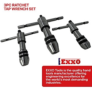 EXXO Tools 3PC Wrench Set - Adjustable Ratchet Tap Wrench Kit 5/32", 1/4", 1/2" Tap Capacity Steel Tapping Tool Adjustable Wrench Set Machinist Tools Tap Set Metalworking Tools Hand Taps Reamer Tools