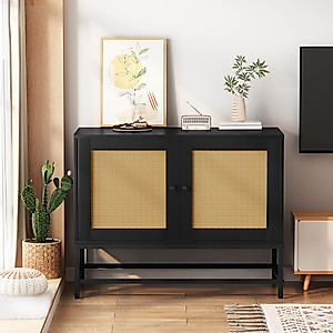 AWQM Buffet Cabinet with Storage, Set of 2, Rattan Buffet Cabinet with 2 Doors, Adjustable Shelves and Sturdy Metal Frame, Modern Accent Sideboard Cabinet for Kitchen, Dining Room, Living Room - Black