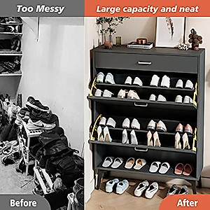 ME2 Shoe Cabinet for Entryway with 1 Slide Drawer & 2 Flip Drawers, Freestanding Shoe Rack Storage Organizer (Grey)
