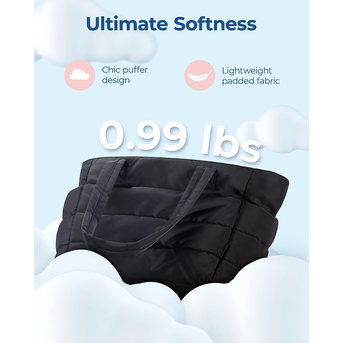 BAGSMART Tote Bag for Women, Lightweight Puffy Tote Bag with Compartments Shoulder Bag Handbag Quilted Shoulder Bag Handbag for Travel, Work, Beach, Gym, Shop (Black)