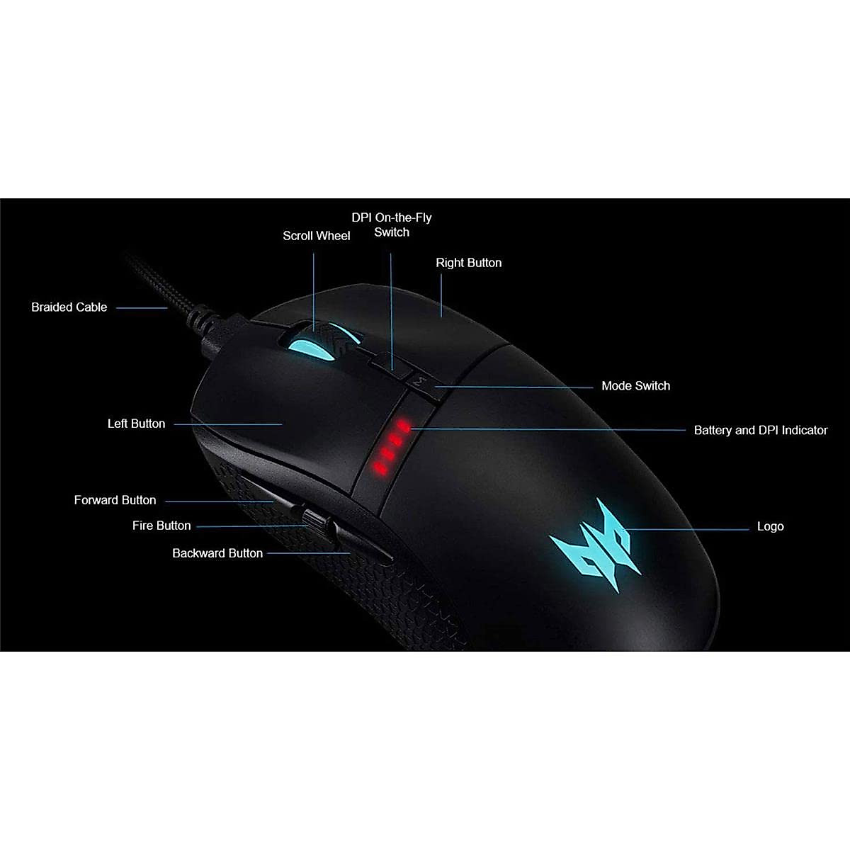 Acer Predator Cestus 350 Wireless Gaming Mouse: NVIDIA Reflex - Up to 16000 DPI - RGB Lighting - 8 Programmable Buttons - On-Board Memory - 5 Profile Settings - Pixart 3335 Sensor - Black