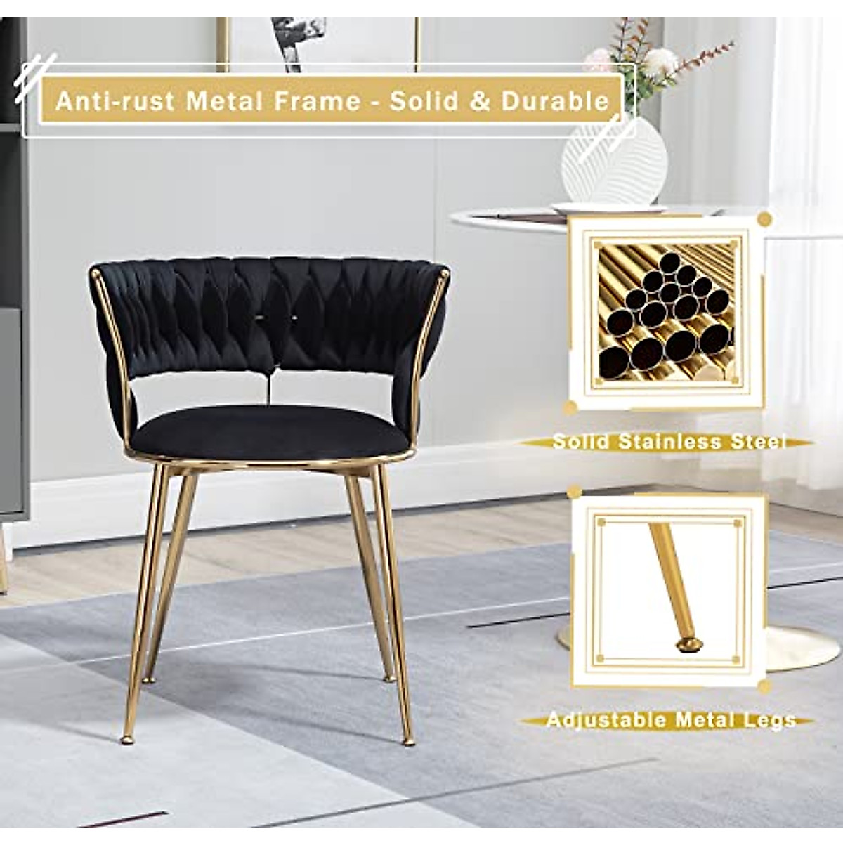 SmartDer Velvet Dining Chairs Set of 4, Upholstered Dining Room Chairs with Woven Backrest, Modern Kitchen Dinner Chair, Tufted Accent Vanity Armchair for Dining Room, Living Room, Bedroom, Black