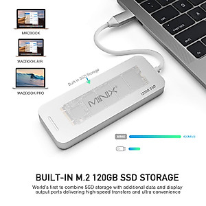 MINIX Storage, 120GB SSD Aluminum USB-C Multiport SSD Storage Hub with Display Output 4K @ 30Hz, 2 x USB 3.0 and USB-C for Power Delivery, Compatible for Apple MacBook. (Silver)