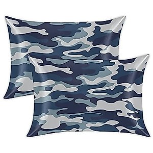 Camo Blue Forest Texture Satin Pillow Cases Silk Satin Pillowcase for Hair and Skin Standard Set of 2 Super Soft Silk Pillowcase with Envelope Closure (20x26 in)