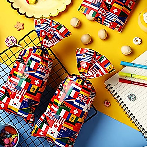 100 Pcs International Flag Candy Party Bags World Country Flags Treat Bags Patriotic Cellophane Bags Travel Goodie Bags for Soccer Sports Beer Festival Events Celebration School Party Decorations
