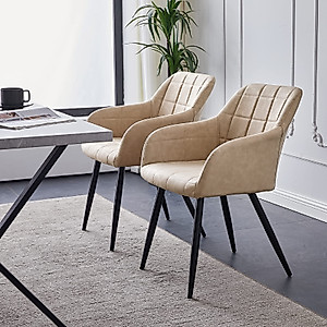 CLIPOP Faux Leather Accent Dining Chairs Set of 4, Upholstered Modern Kitchen Chairs with Arms, Metal Legs, Backrest, Leisure Armchairs for Living Room Office Cafe Restaurant Home Funiture, Beige
