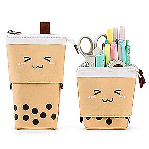 Boba Cute Standing Pencil Case for Kids, Pop Up Pencil Box Makeup Pouch, Stand UP Christmas Gift kids Pen Holder Organizer Cosmetics Bag, Kawaii Stationary (Brown)