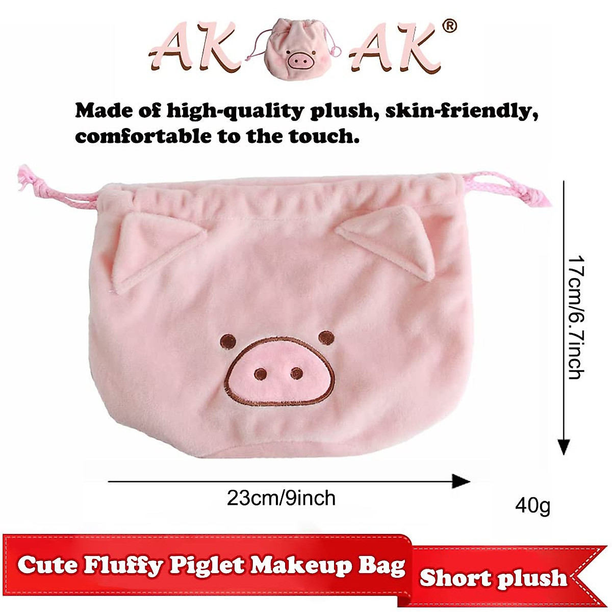 AKOAK 1 Pack Cute Fluffy Piglet Makeup Bag, Drawstring Tote Bag, Portable Travel Makeup Bag Storage Organizer