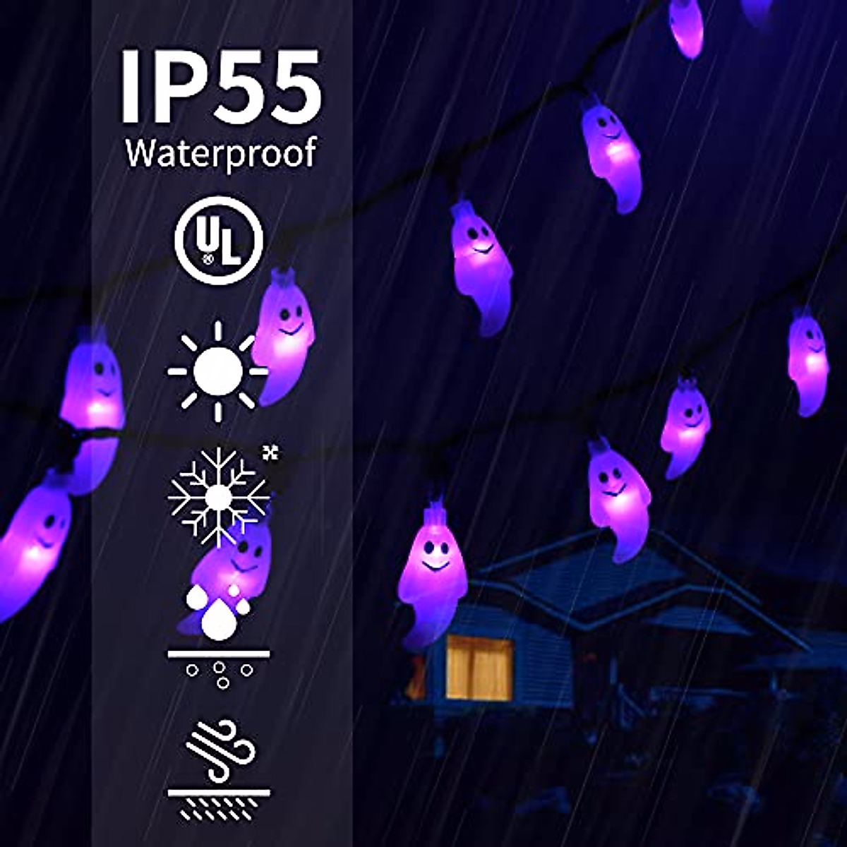 RECESKY 60 LED Halloween String Lights - 19.4ft Purple Ghost String Light with 30v Plug in, Extendable 8 Modes Halloween Lighting for Outdoor Garden Yard House Bedroom Halloween Party Decorations